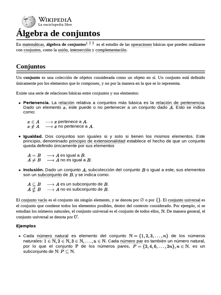 Álgebra de Conjuntos. (Wikipedia) | PDF | Conjunto (Matemáticas ...