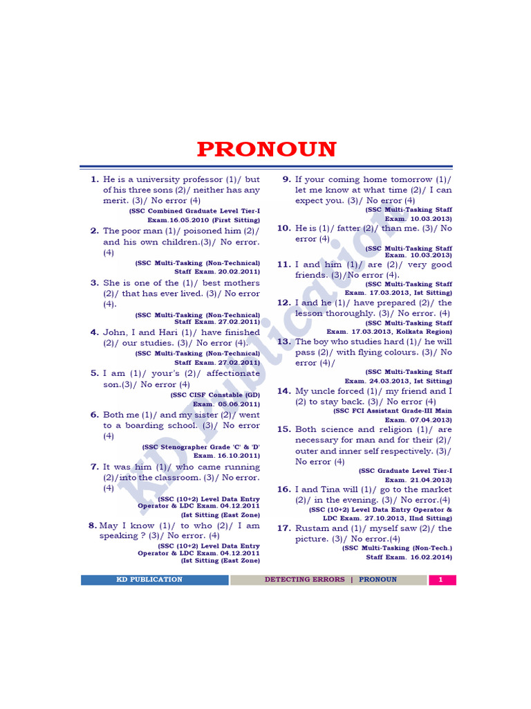 Pronoun Previous Year Errors | PDF