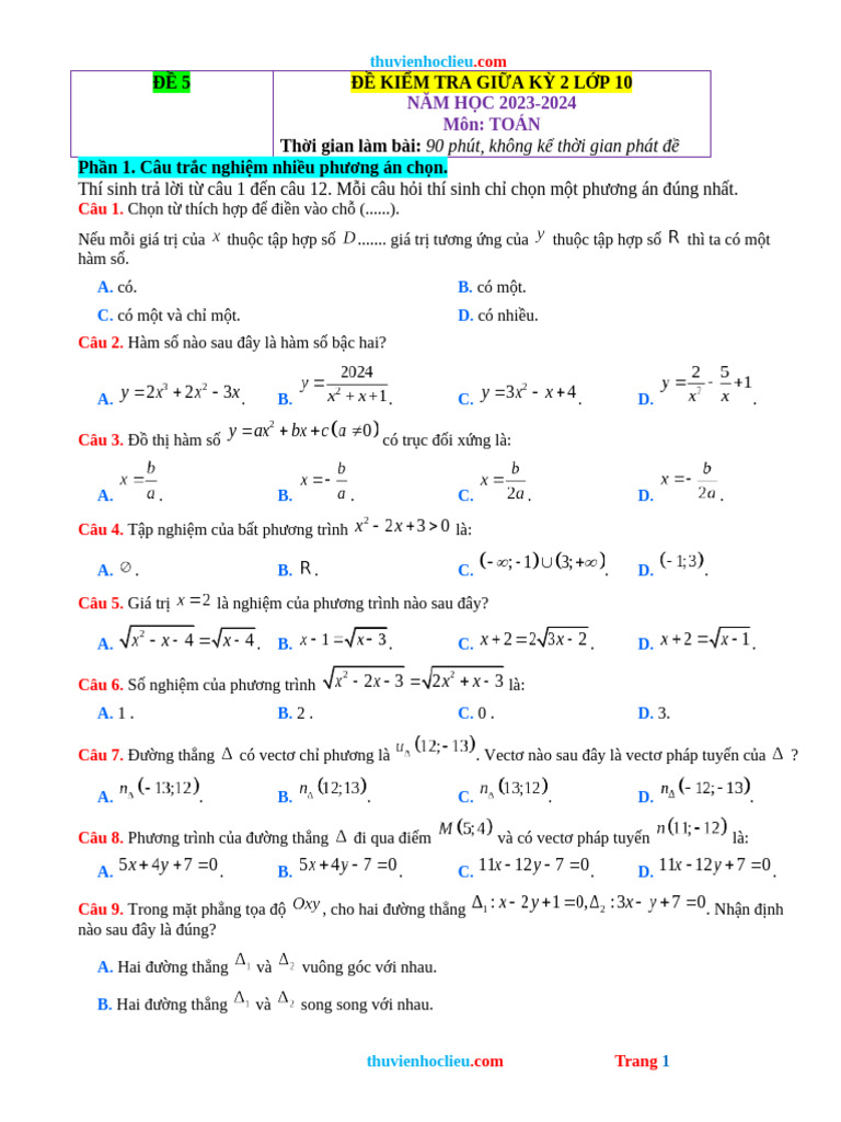 De Kiem Tra Giua HK2 Toan 10 KNTT de 5 Hay | PDF