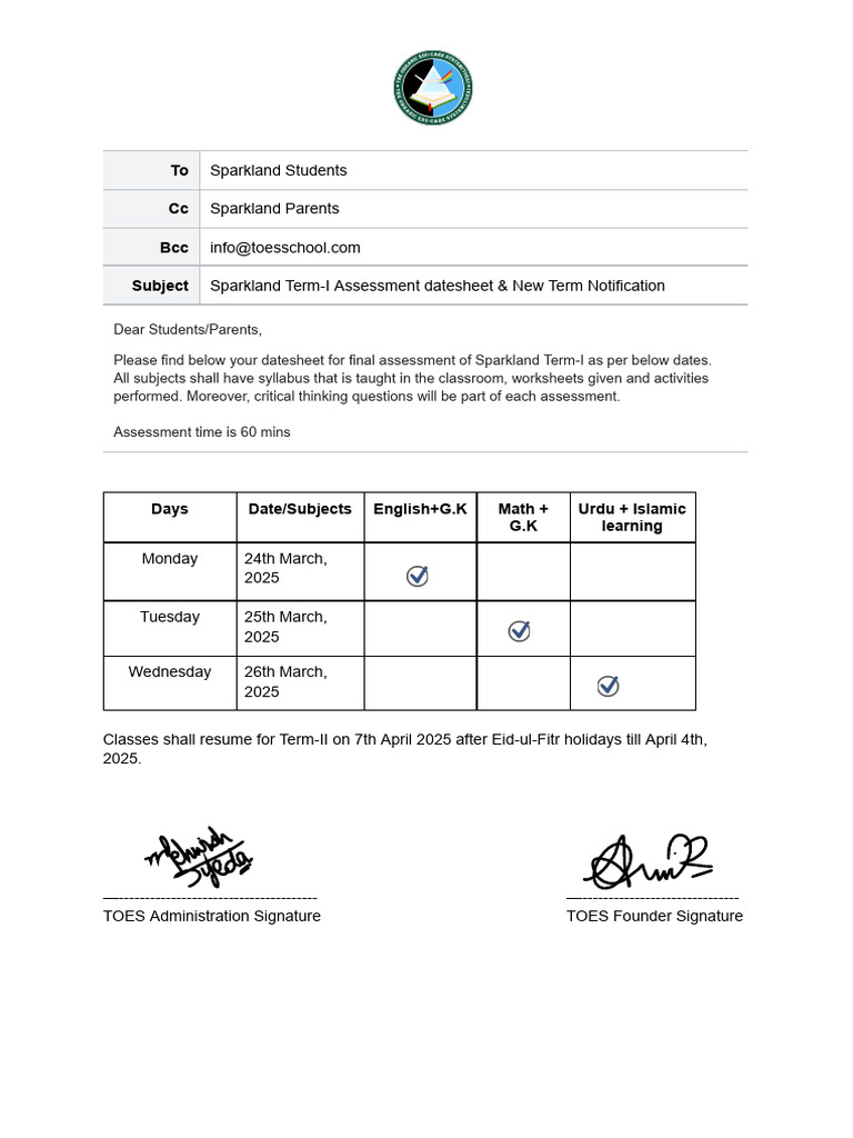 Sparkland - Assessment Datesheet (1) | PDF