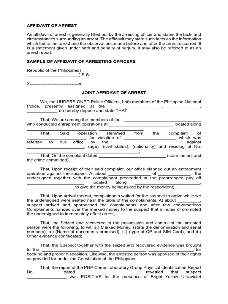 Affidavit of Arrest | PDF | Affidavit | Criminal Justice