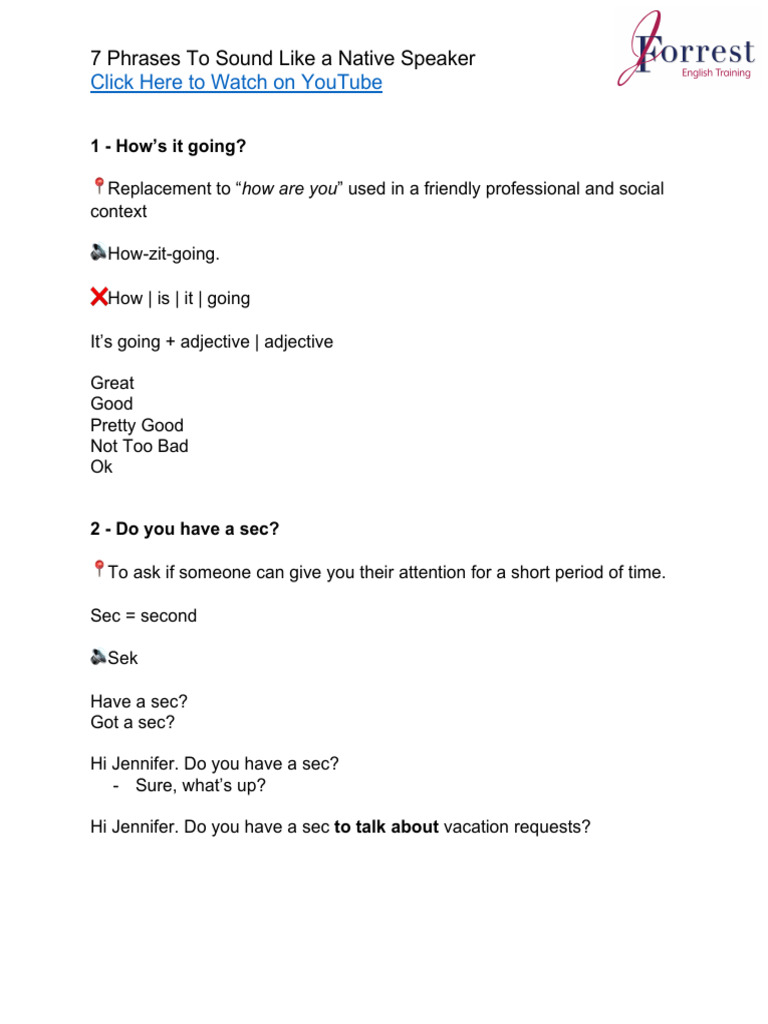 7 Phrases To Sound Like A Native Speaker by JForrest English | PDF ...