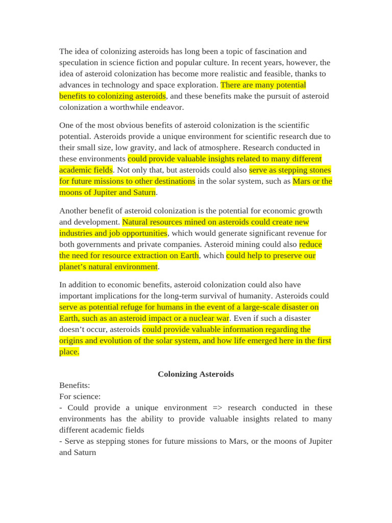 Benefits of Asteroid Colonization | PDF | Space Colonization | Asteroid