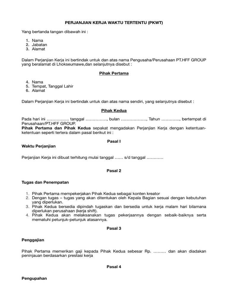 Perjanjian Kerja Waktu Tertentu (Pkwt) _copy | PDF