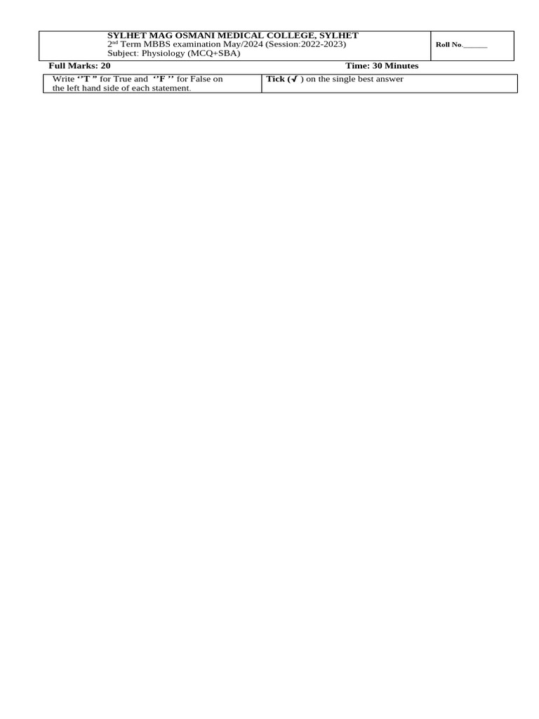 2nd Term MCQ & SAQ PHY 22-23 | PDF | Kidney | Organ (Anatomy)