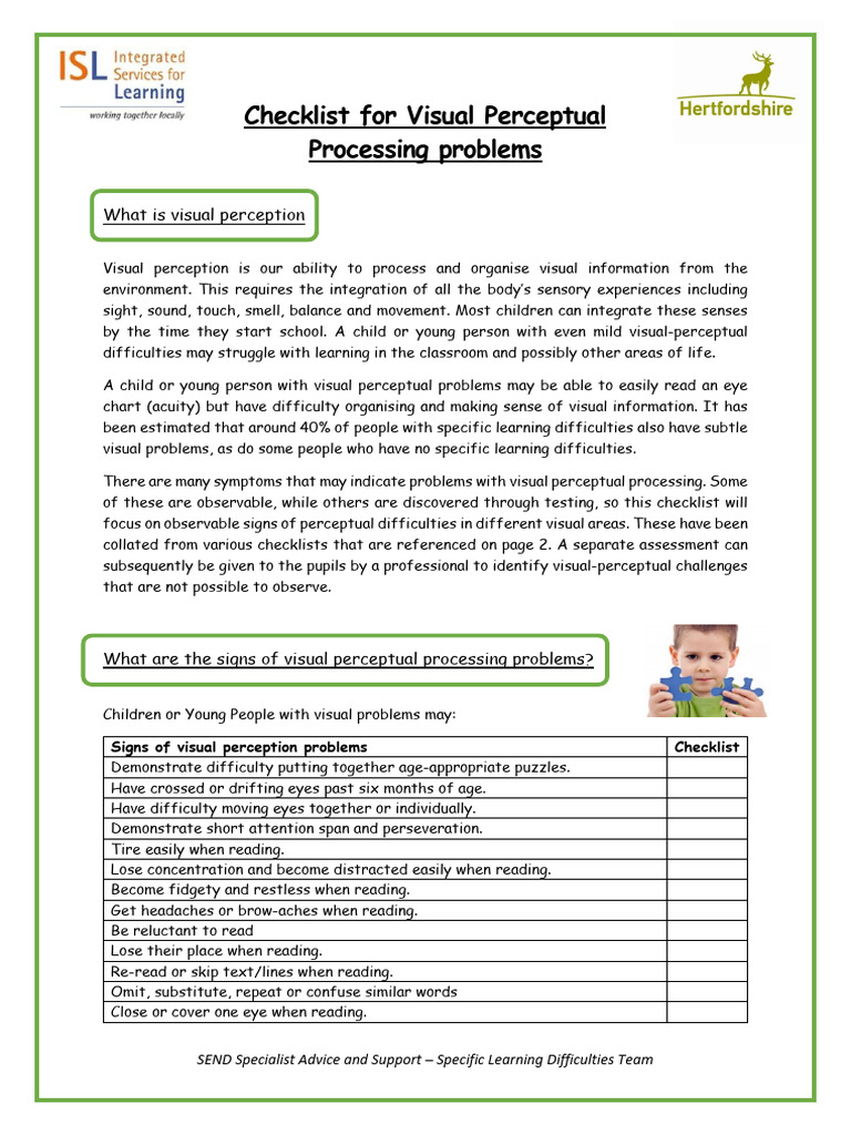 Checklist For Visual Perceptual Problems | PDF | Perception | Visual Perception