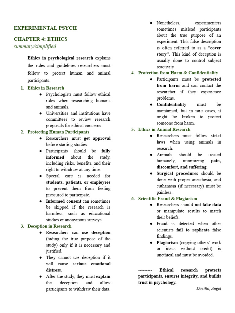 CHAPTER 4 - ETHICS Summary | PDF | Deception | Informed Consent