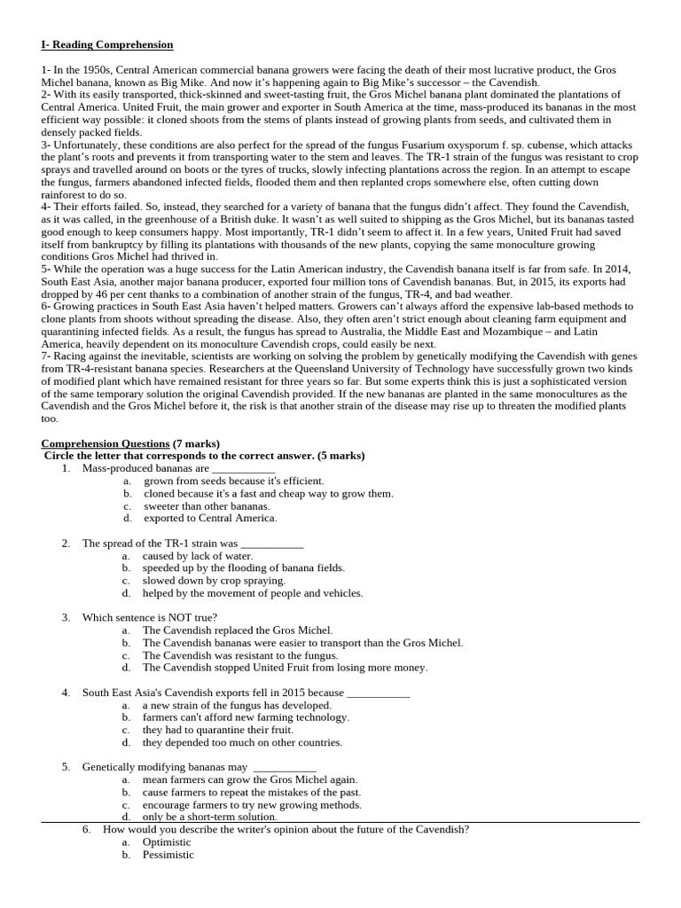 Reading Comprehension Final Exam | PDF | Banana | Brown V. Board Of ...