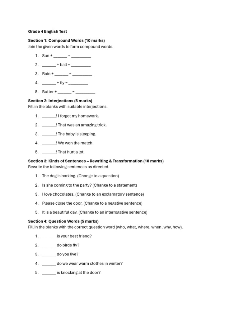 Grade 4 English Test Overview | PDF