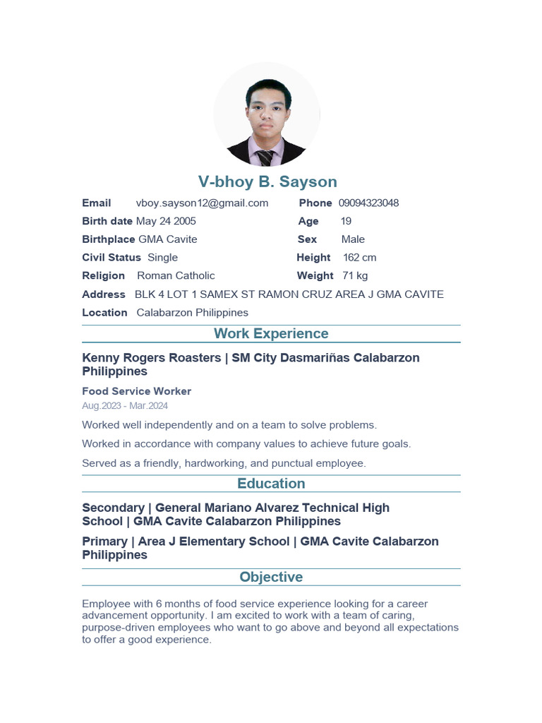 Food Service Worker Resume - V-bhoy B. Sayson | PDF