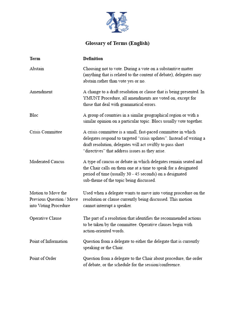 English+Glossary+of+Terms+ +YMUNT+XI | PDF | Committee | Political Law