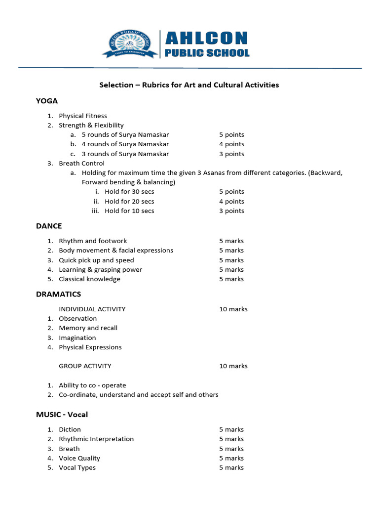 Selection Rubrics For ART AND CULTURAL | PDF | Asana | Yoga