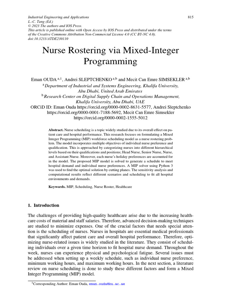 Nurse Rostering Via Mixed-Integer | PDF | Mathematical Optimization | Linear Programming