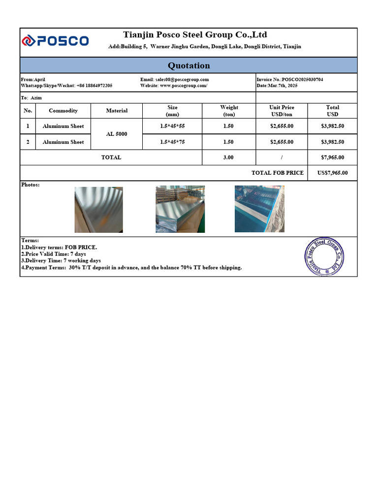 Posco Quotation For AL Sheets-03.07 | PDF