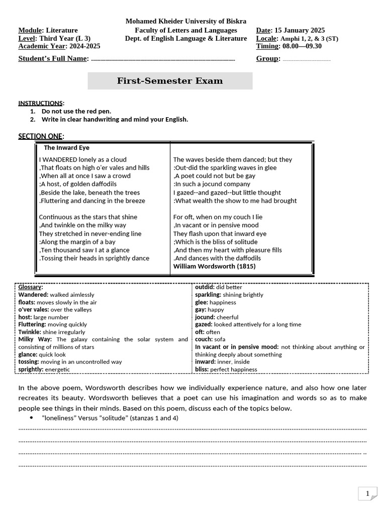 Wordsworth Poem Analysis Exam Guide | PDF