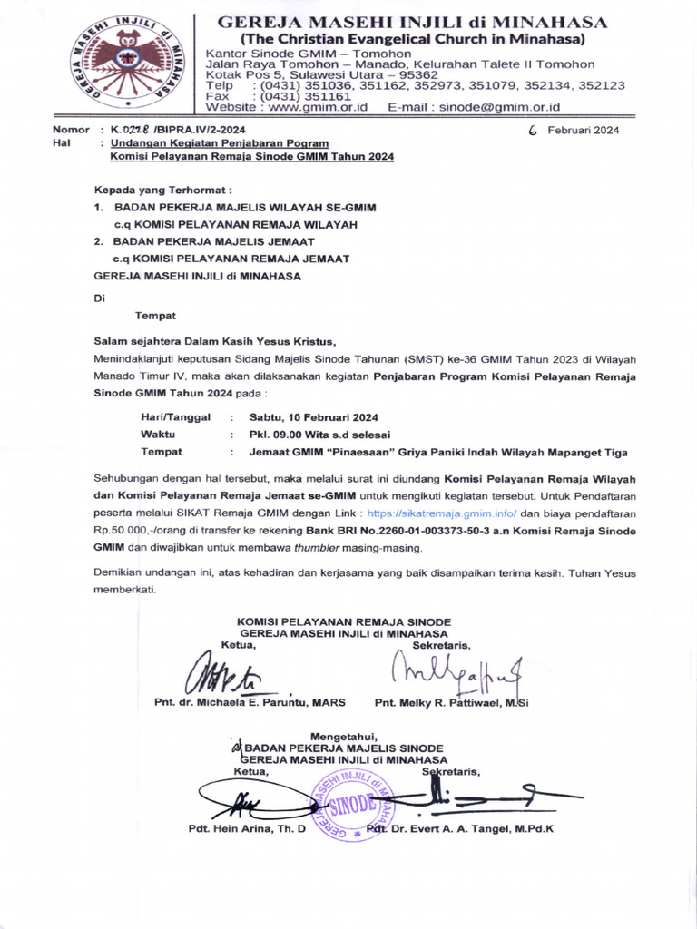 Undangan Penjabaran Program Remaja GMIM Tahun 2024 | PDF