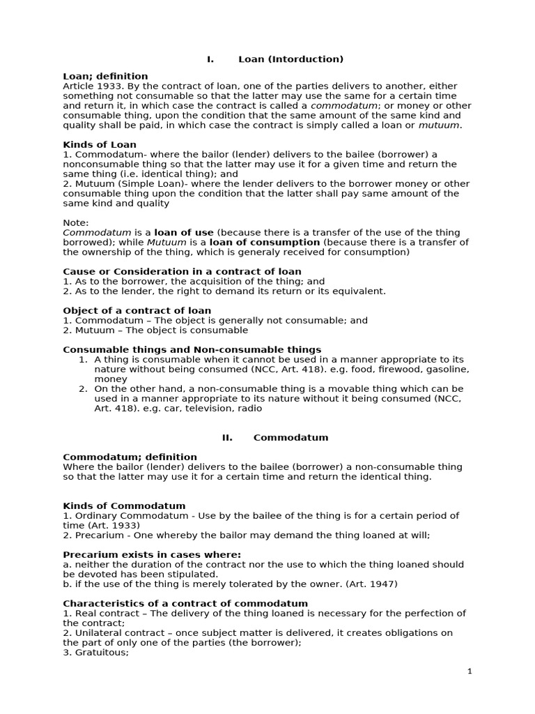 Understanding Loans: Commodatum vs. Mutuum | PDF | Loans | Interest