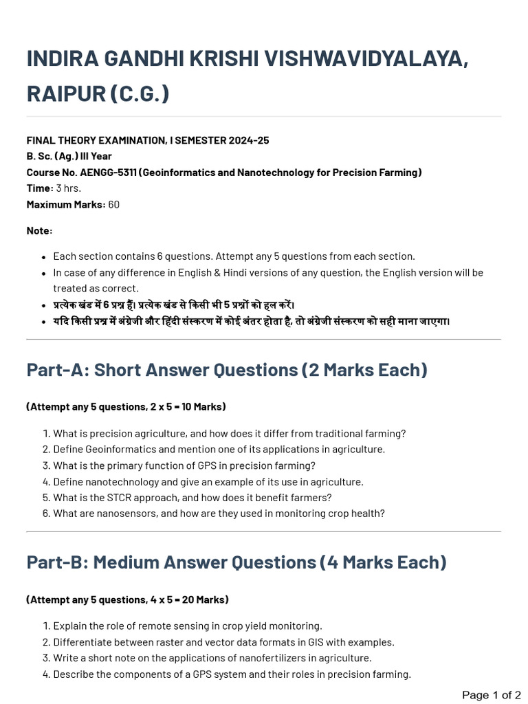Indira Gandhi Krishi Vishwavidyalaya, Raipur (C.G.) : Part-A: Short Answer Questions (2 Marks ...