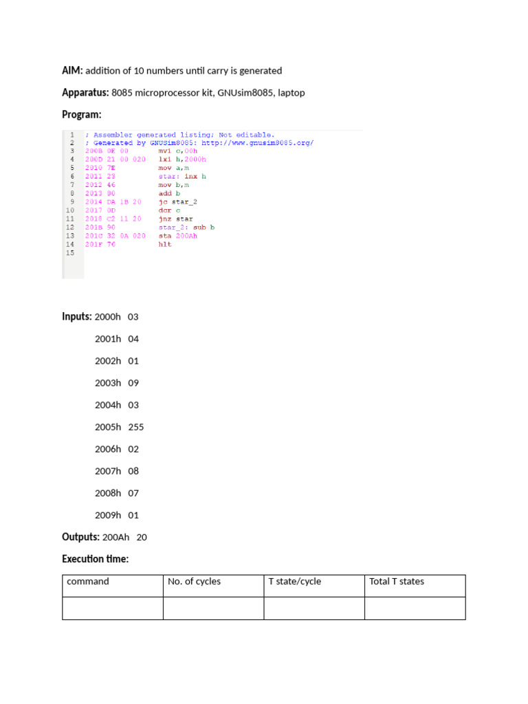 8085 Microprocessor Addition Program | PDF