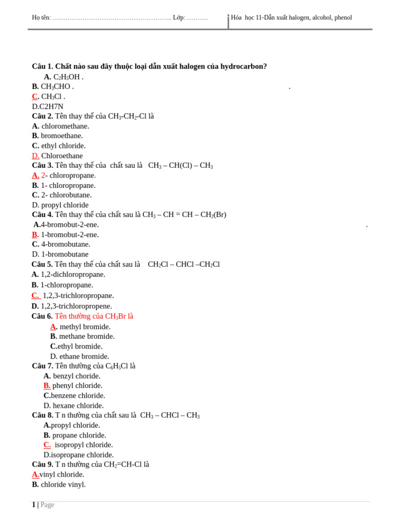 K11-Dan Xuat Halogen, Ancol, Phenol-Nam 2024-2025-THPT Tra On-HS | PDF