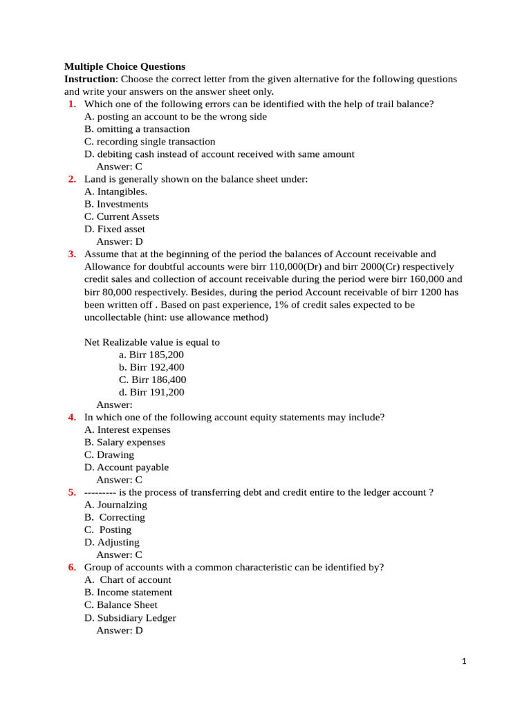 Accounting Multiple Choice Questions | PDF | Debits And Credits | Expense