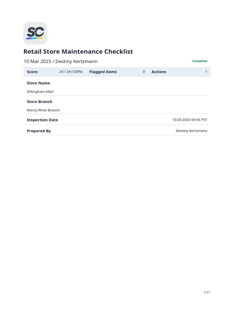 Retail Store Maintenance Checklist Sample Report | PDF