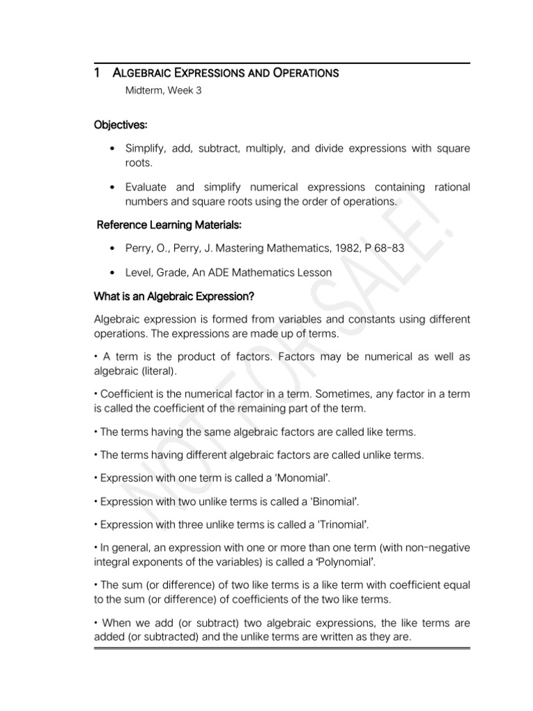 1.3 Algebraic Expressions and Operations | PDF
