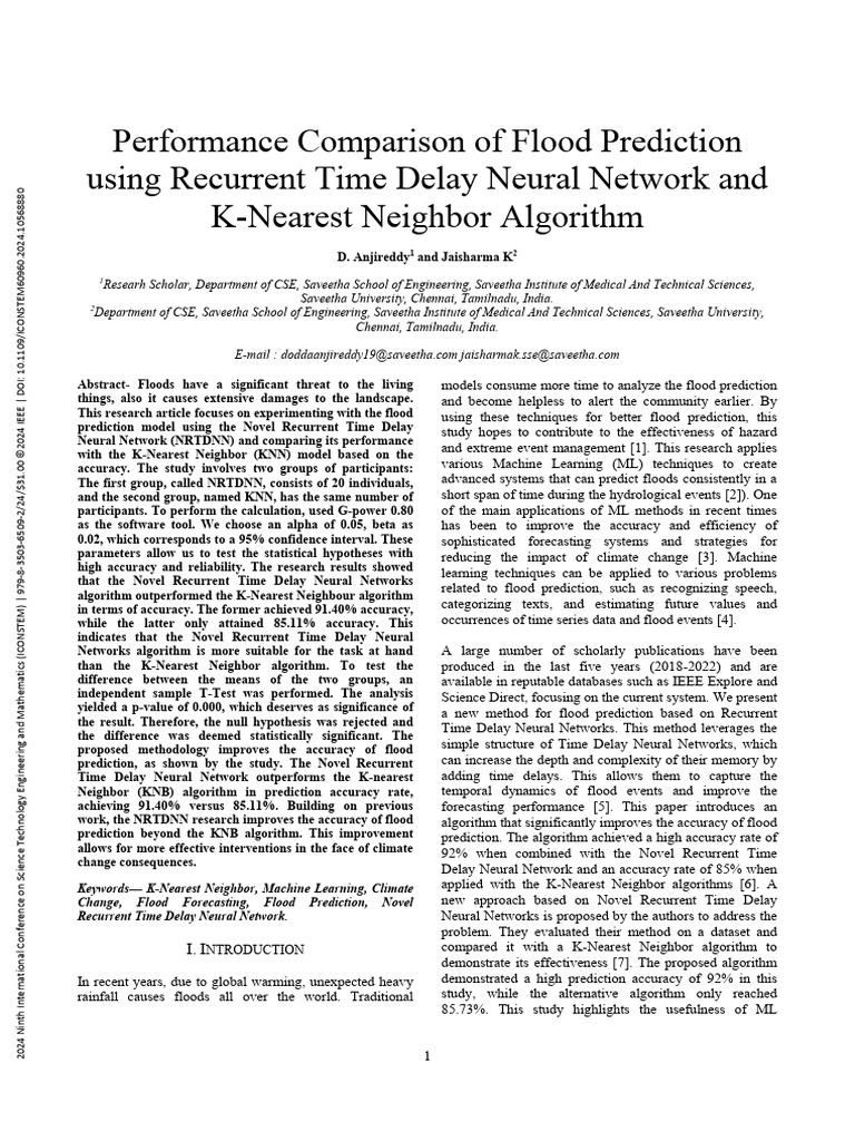 Performance Comparison of Flood Prediction Using Recurrent Time Delay Neural Network and K ...