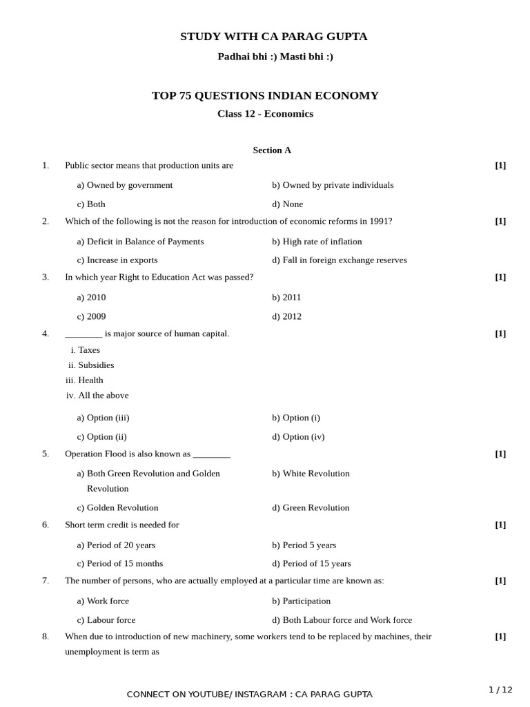 Top 75 Questions on Indian Economy | PDF | Economies
