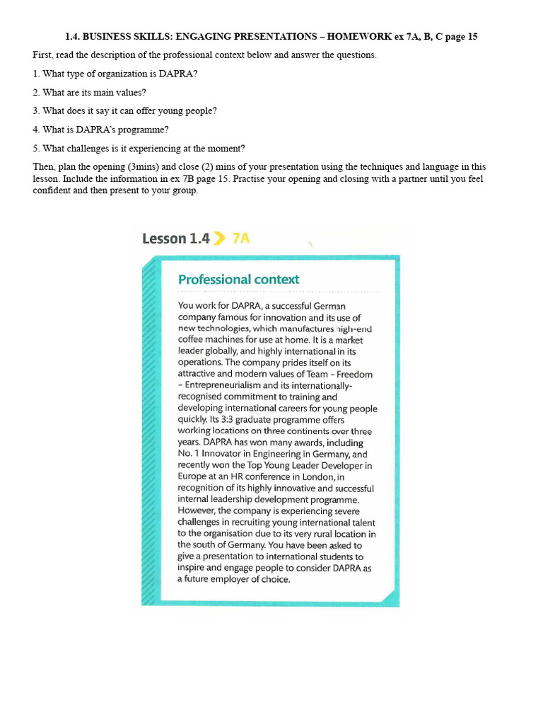 1.4. BUSINESS SKILLS - ENGAGING PRESENTATIONS - HOMEWORK - Ex 7A, B, C ...