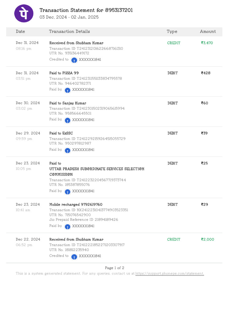 PhonePe Statement Dec2024 Jan2025 | PDF | Debit Card | Financial Services