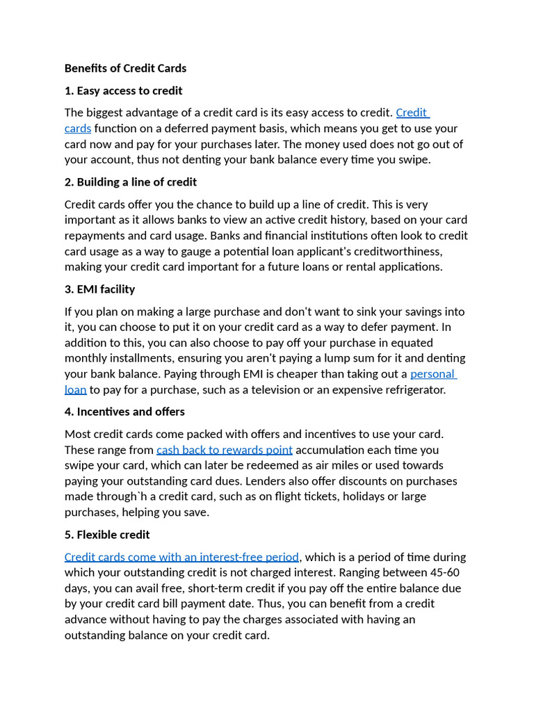 Benefits of Credit Cards | PDF | Debit Card | Credit Card