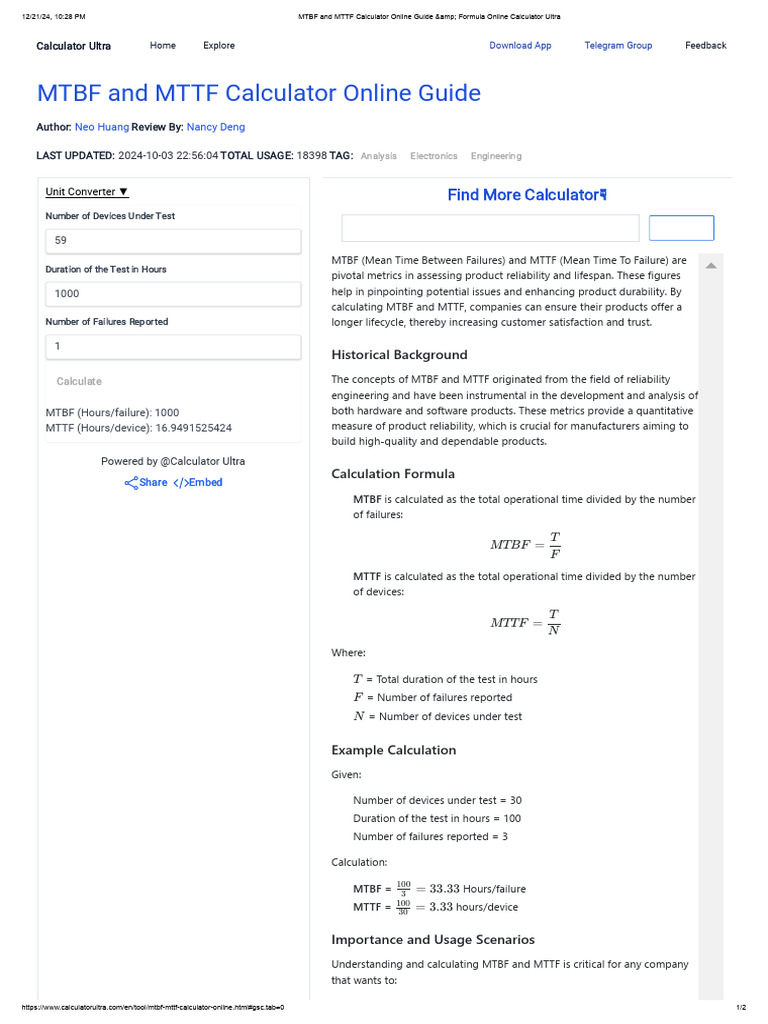 MTBF and MTTF Calculator Online Guide & Formula Online Calculator Ultra ...