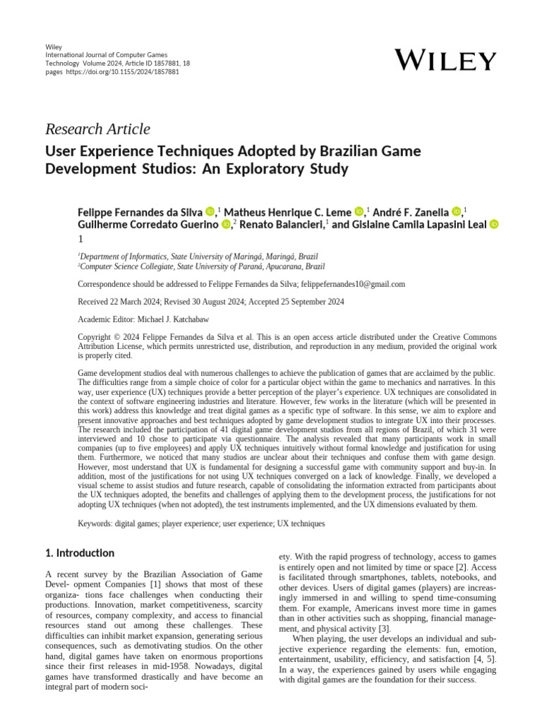 International Journal of Computer Games Technology - 2024 - da Silva - User Experience ...
