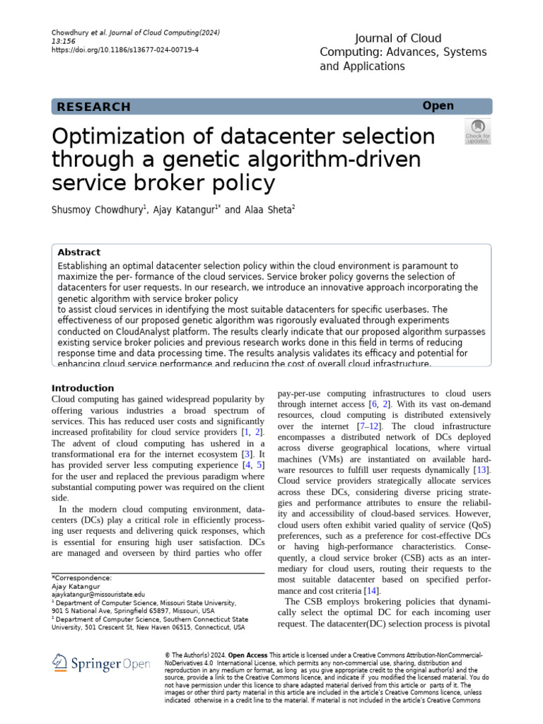 Optimization of Datacenter Selection Through A Genetic Algorithm-Driven Service Broker Policy ...