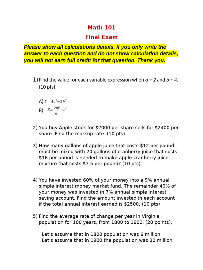 Final Exam Math 101 Spring 2025 (1) | PDF