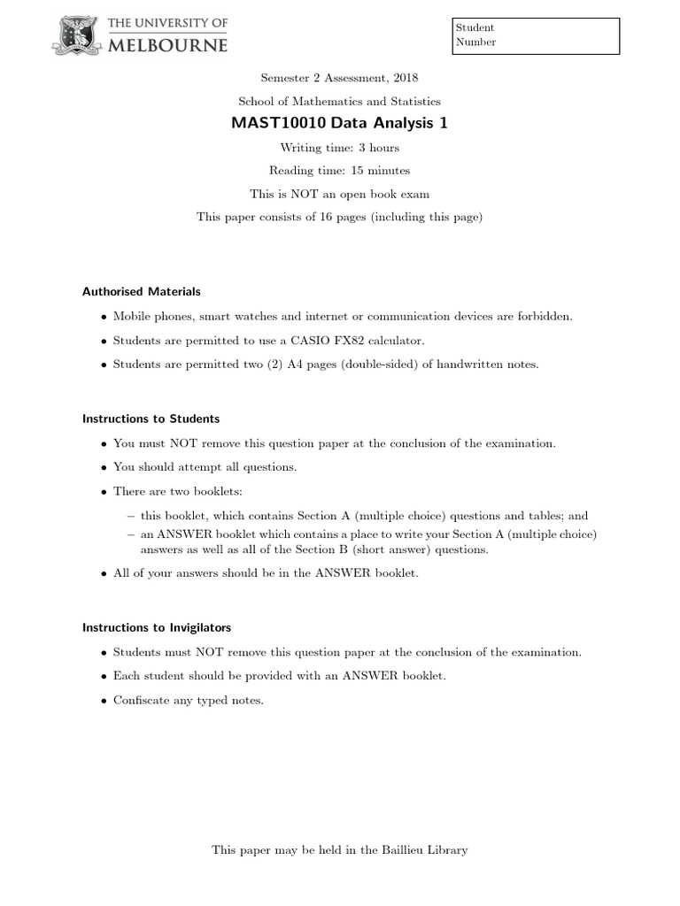 MAST10010 2018 Sem2 MCandTables | PDF | Confidence Interval | Normal Distribution