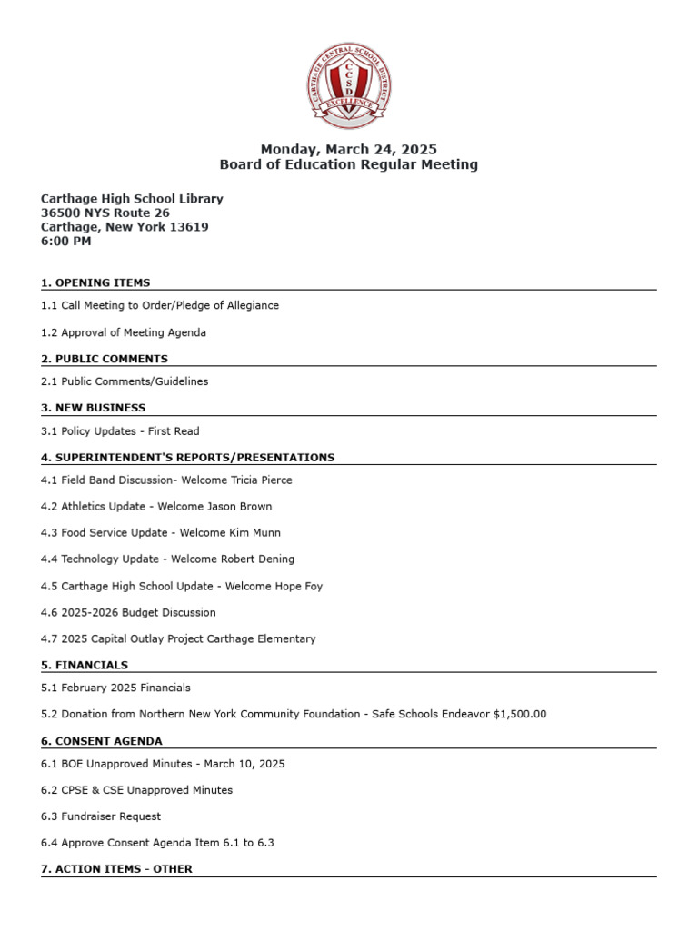 Carthage Central School District Board of Education Agenda March 24 ...