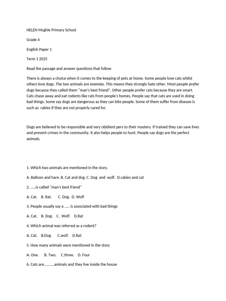 Grade 4 English Exam: Pets and Neighbors | PDF | Cats | Dogs
