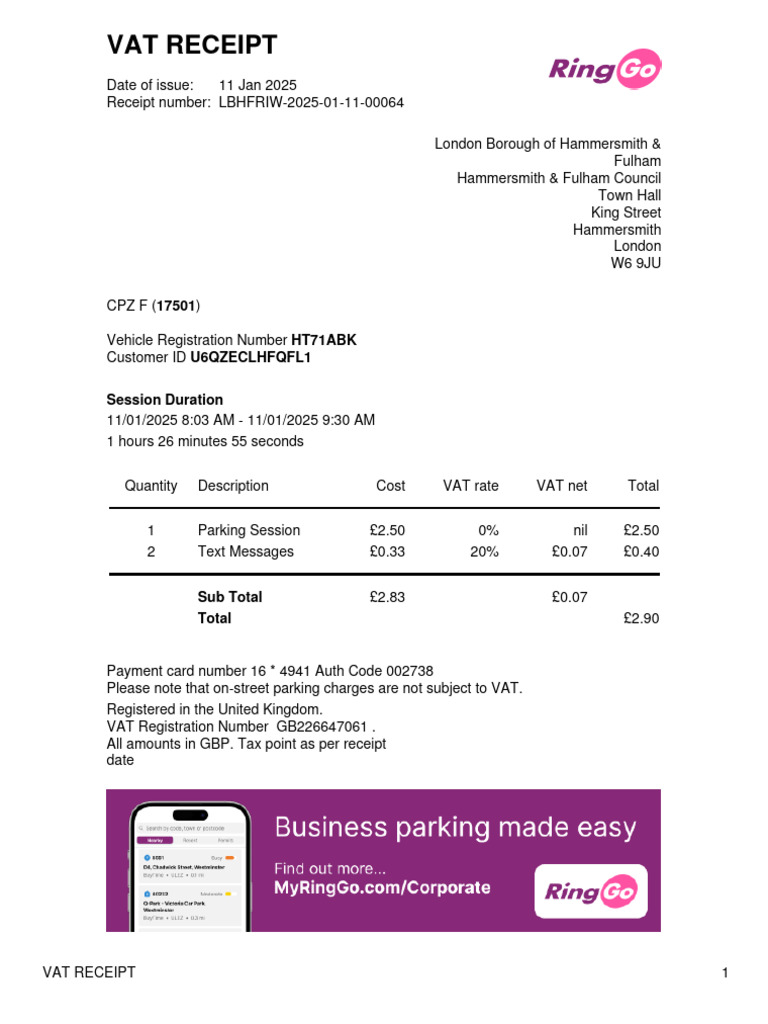 VAT Receipt for Parking Session | PDF