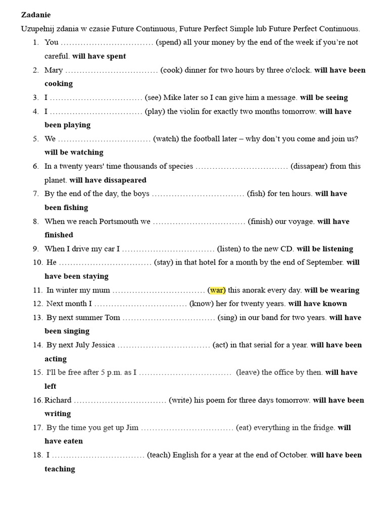 Future Continuous, Future Perfect Simple, Future Perfect Continuous Wypełnione | PDF