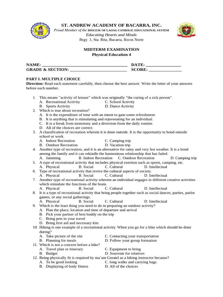 Midterm Examination Pe 4 Recreational Activity | PDF | Recreation
