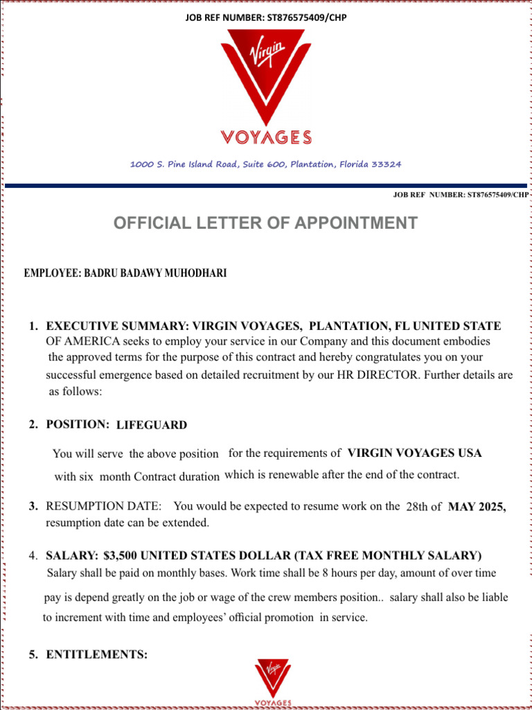 Virgin Voyages Lifeguard Appointment Letter | PDF | Employment | Salary