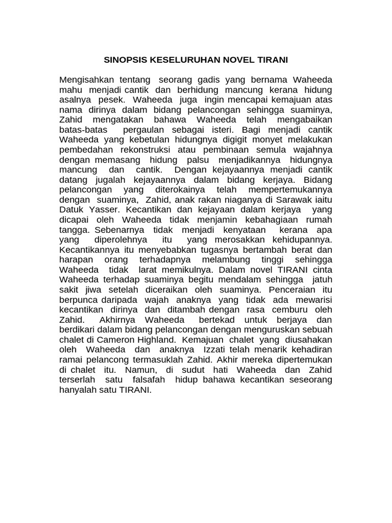 Sinopsis Keseluruhan Novel Tirani | PDF