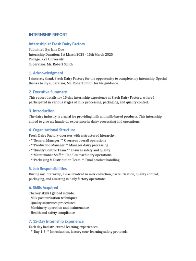 Dairy Factory Internship Report 50 Pages | PDF | Food Safety | Milk