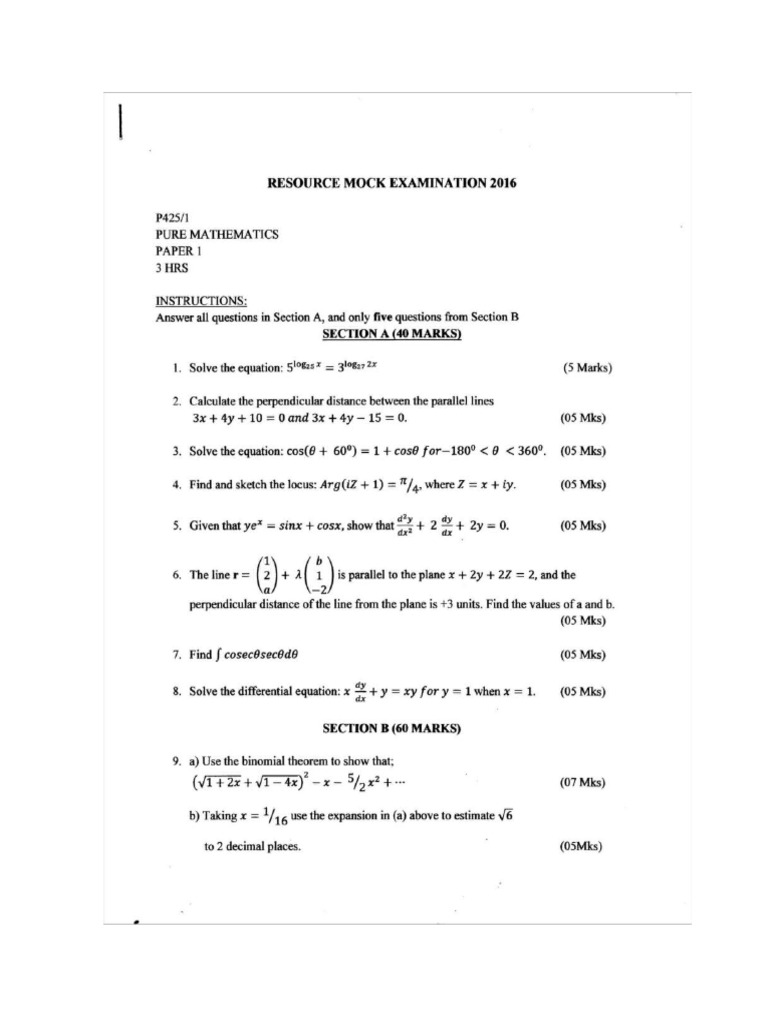 ALEVEL Math Pepr 1 Set 19 | PDF