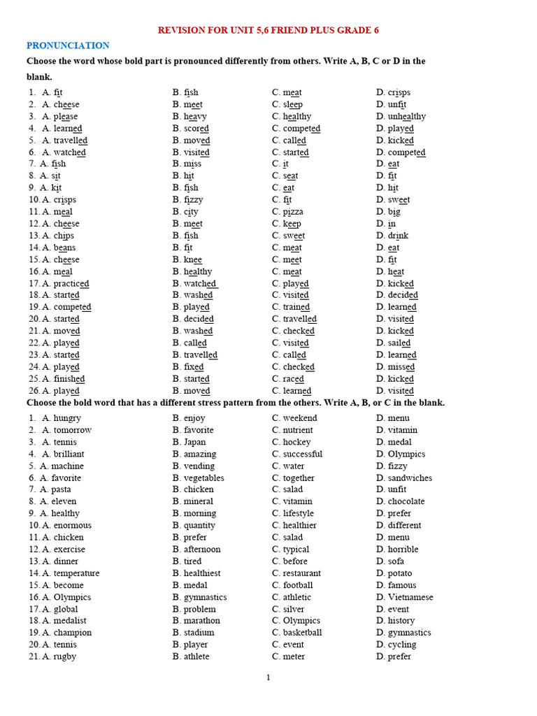 Revision For Unit 5,6 Friend Plus Grade 6 | PDF | Cuisine | Foods