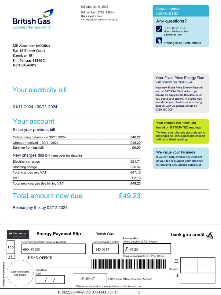 British Gas Bill 30 11 2024 MS 1 | PDF