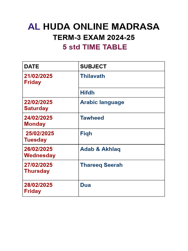Time Table & Portion (5std) | PDF