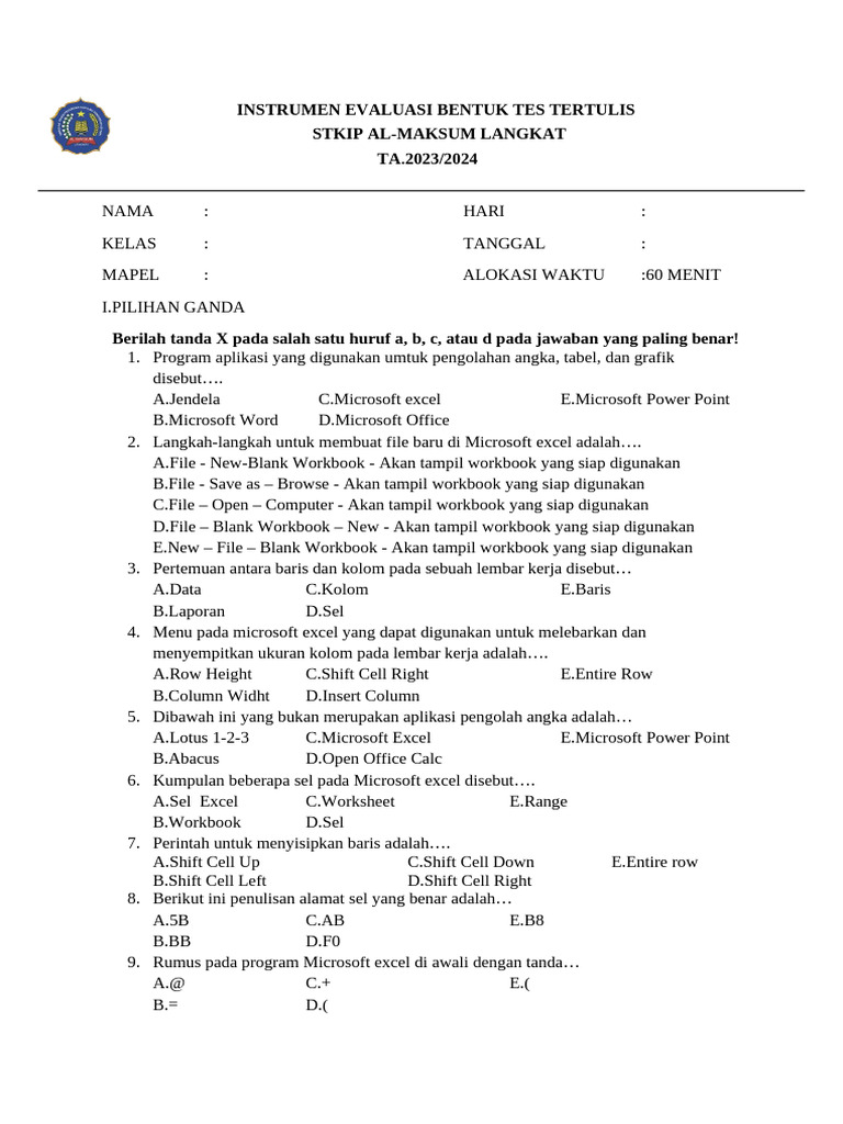 LEMBAR SOAL instrumen | PDF